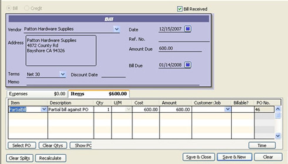Entering Vendor Partial Billings Against a Purchase Order - AllBusiness.com